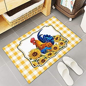 Victories Kitchen Area Rug Pad Set 2 Piece-Non Slip Comfort Cushioned Doormat,Farm Rooster Sunflowers on Buffalo Plaid Yellow Floor Mat Rug Runner Set Kitchen/Living Room/Bedroom Carpet
