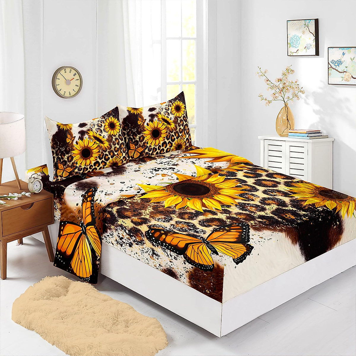 BSNTHO Leopard Print Sheet Set Twin Size 4 Piece, Sunflower Sheets for Girls Boys Kids Teens with 2 Pillowcases and 16" Deep Pocket, Butterfly Bedding Set Microfiber Ultra Soft Skin Friendly