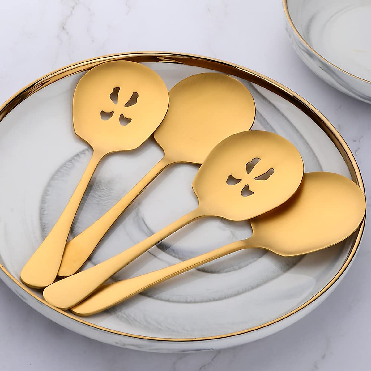 TUPMFG Serving Spoons Set - Stainless Steel Serving Utensils Includes Serving Spoons, Slotted Spoons, Tongs and Cake Server for Buffet Party Gold
