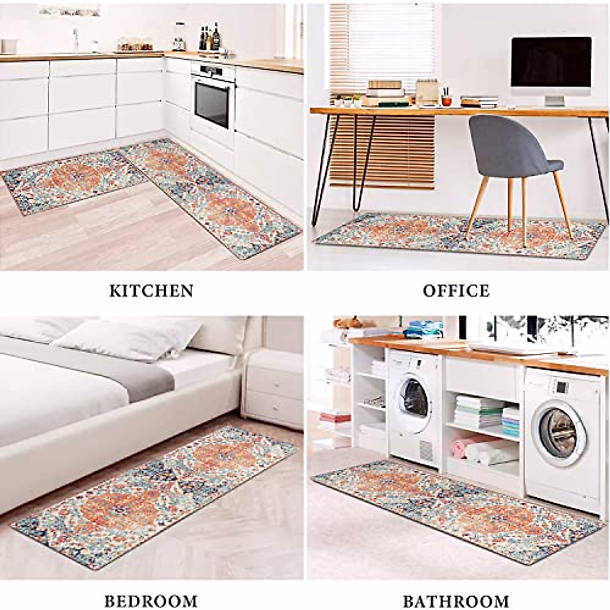 Boho Style Kitchen Rugs and mats Set of 2,Farmhouse Kitchen Mat for Sink,Non Slip Absorbent Stain Resistant Floor Mat for Kitchen Laundry Room Rug Area Runner Rug Orange