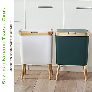 Procade Bathroom Trash Can with Lid, Plastic Garbage Can with Lid, 4 Gal Gold Trash Bin with Push Button, Narrow White Trash Can Waste Basket for Bedroom, Living Room,Office，Dog Proof Trash Can