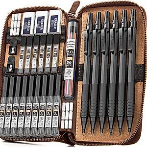 Nicpro 30PCS Black Metal Mechanical Pencil Set in Leather Case, Art Drafting Pencil 0.5, 0.7, 0.9 mm, 2mm Lead Pencil Holders for Sketching Drawing With 16 Tube (6B 4B 2B HB 2H 4H Colors)Lead Refills