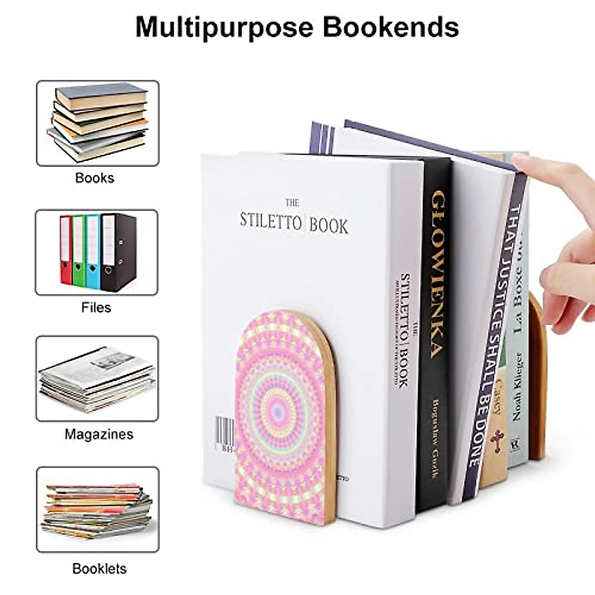 Book Ends Boho Hippie Mandala Pink Bookends for Shelves to Hold Books Heavy Duty Non-Slip Book Stoppers Wood Decorative Home Office