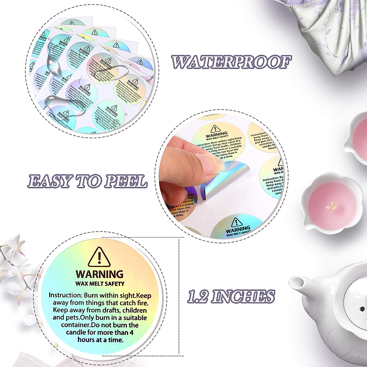Holographic Candle Warning Labels Candle Jar Container Stickers Wax Melting Safety Stickers for Candle Jars Tins Containers Candle Making Supplies (600 Pieces)