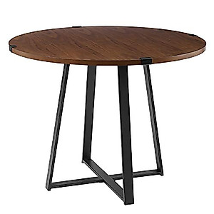 Walker Edison 4 Person Round Industrial Modern Wood Small Dining Table Dining Room Kitchen Table Set Dining Chairs Set, 40 Inch, Dark Walnut and Black