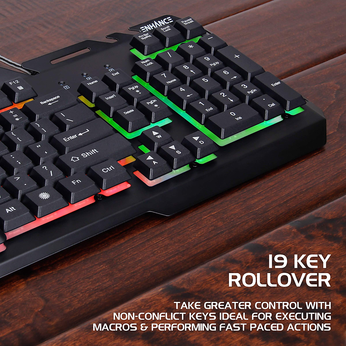 ENHANCE Infiltrate KL2 Membrane Gaming Keyboard - Quiet Keyboard with 3 Multi Color LED Lighting Modes, Turbo Input Mode, Anti-Ghosting, 19 Key Roll Over, Slim Low Profile Metal Design