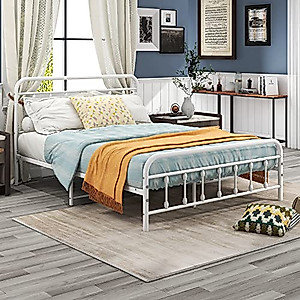 Diolong Queen Bed Frame with Headboard and Footboard Metal Bed Frame Vintage Sturdy Mattress Foundation No Box Spring Needed (White, Queen)