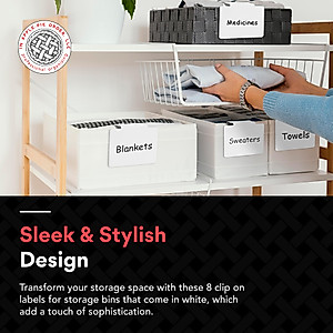 Labels for Storage Bins | Metal Storage Bin Labels (2.5” x 3.5”) - Set of 8 Basket Clip On Labels for Storage Bins w/Non-Slip Grip Pads & Dry Erase Marker - Removable Bin Labels for Storage Bins