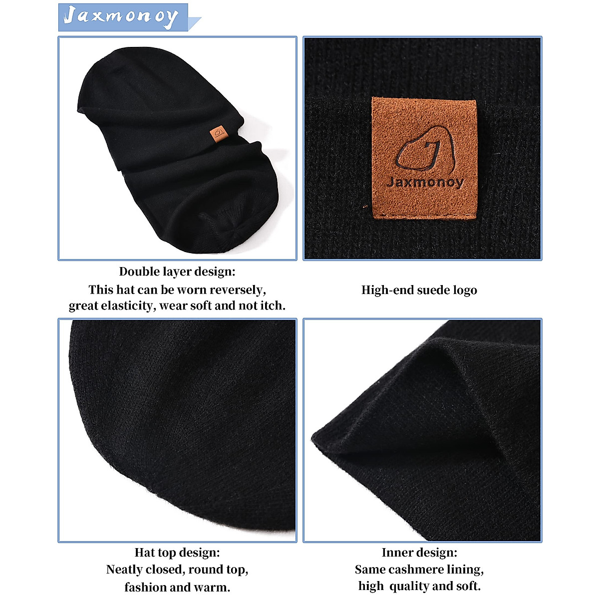 jaxmonoy Wool Cashmere Slouchy Knit Beanies Winter Hats for Women Men Soft Warm Double Layer Reversible Lightweight Slouch Cuffed Skull Beanie Cap - Black