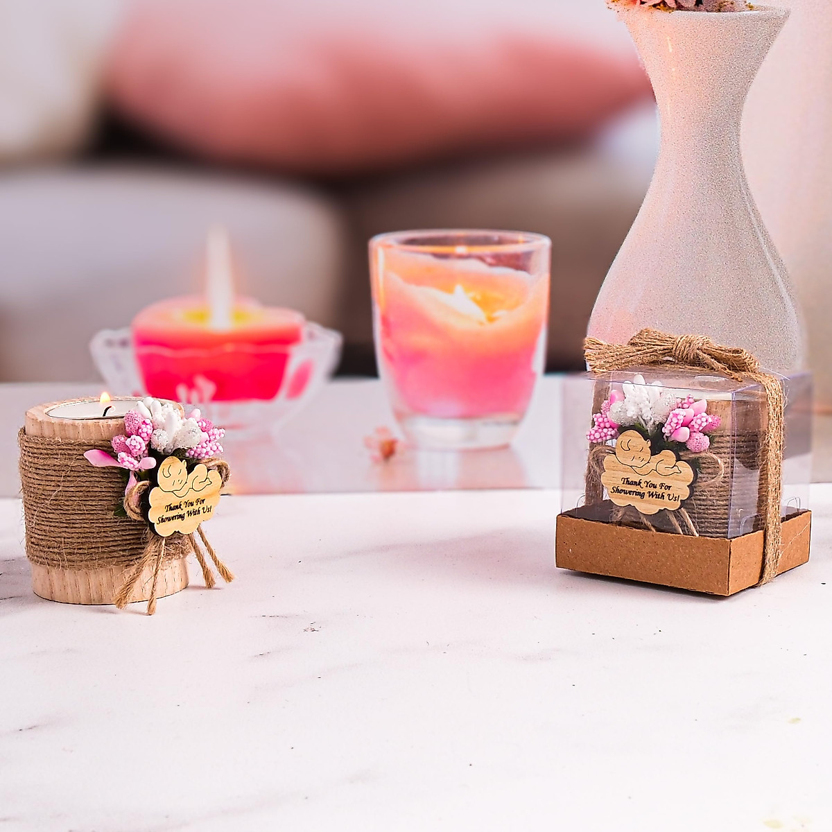 HTF Pack of 10 Baby Shower Decorations Wood Tealight Candle Holder, Baby Shower Gifts, Baby Shower Wood Candle Holders (Baby Shower-Pink, Light Brown)