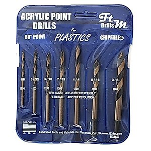 Drill Bits for Plastic (Acrylic, plexiglass, ABS, lexan, Polycarbonate, PVC) Norseman 7pc Acrylic Point Drill Set in Vinyl Pouch. Includes 1/8", 5/32", 3/16", 7/32" 1/4", 5/16", and 3/8" Part BG4650A