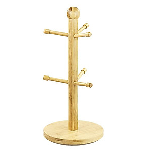 Home Basics Bamboo Mug Tree, Holds Up to 6 Coffee Cups, Free Standing, Circular Base, Kitchen Countertop, Beige (1)