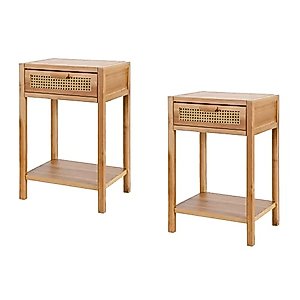 COZAYH Set of 2 Modern Minimalism Nightstand End Table Side Table with Woven Pattern Drawer and Shelf Storage, Rustic Farmhouse Style, Natural