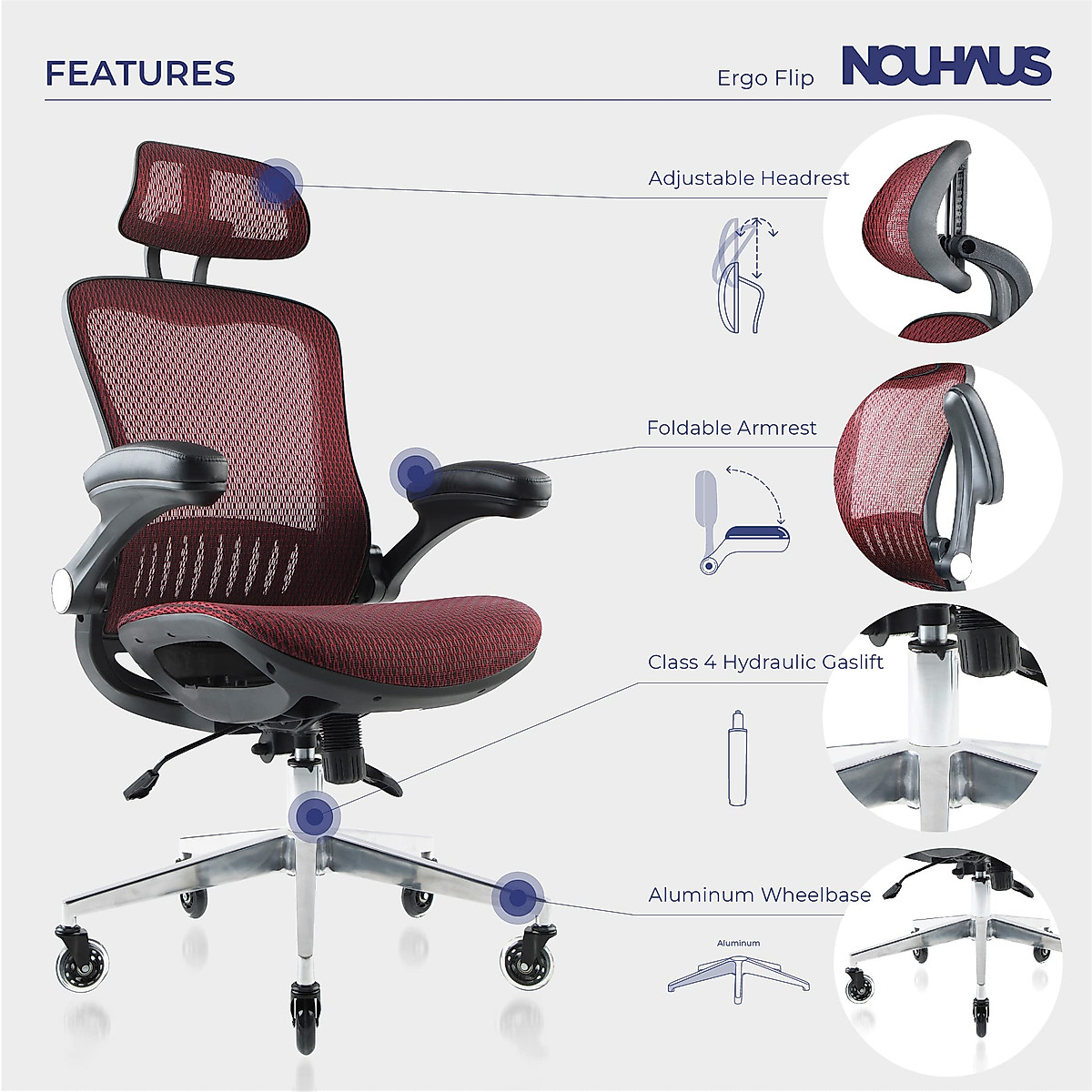 Nouhaus Ergonomic Mesh Office Chair Comfy Gaming Chairs with Adjustable Headrest & Armrest, Big and Tall Swivel Desk Computer Chair Tilt Function(ErgoFlip, Burgundy)