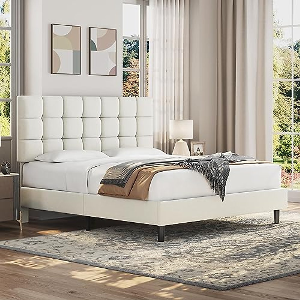 Yaheetech Queen Upholstered Bed Frame, Platform Bed Frame with Square Tufted Fabric Headboard Height Adjustable, Wooden Slats Support, No Box Spring Needed, Beige