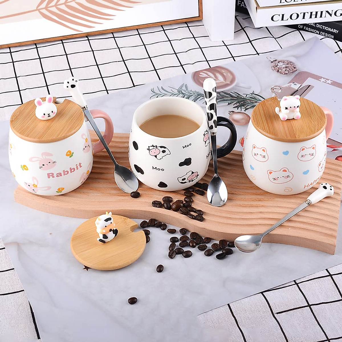 XinHuiGY Cute Animal Coffee Mug with Lid and Spoon, Cute Cow Print Stuff Gifts, Ceramic Tea Cup, Kawaii Cup, Cartoon Coffee Cup gift for Women Office and Personal Birthday Christmas 480ml (Cat)