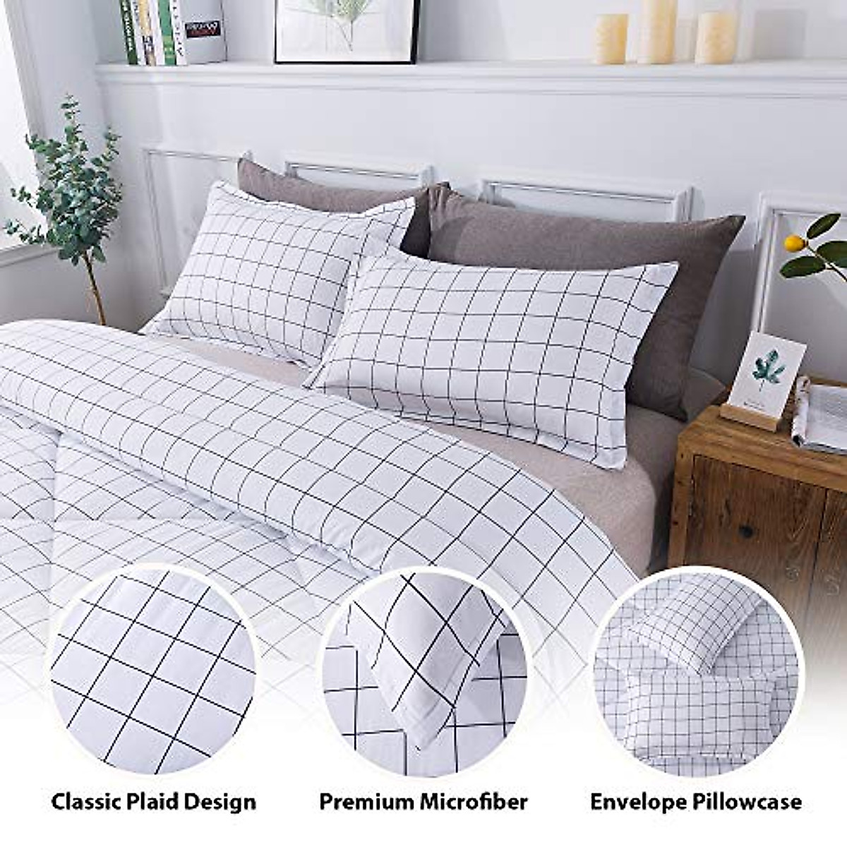 Andency White Grid Comforter Full(79x90Inch), 3 Pieces(1 Plaid Comforter and 2 Pillowcases) White Plaid Comforter Set, Microfiber Down Alternative Comforter Bedding Set