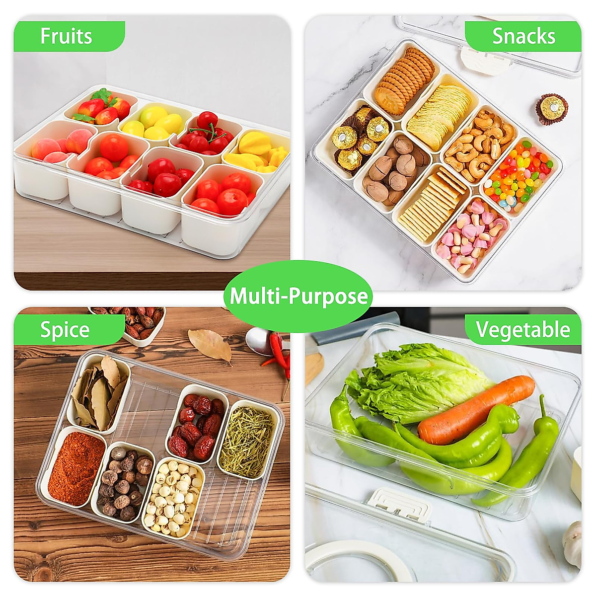 Portable Divided Serving Tray with Lid with Handle, 8 Compartment Snackle Box Container,- For Clear Organizer Fruit, Candy, Nuts,Snacks,Great for parties, beach fun and outdoor camping(8)