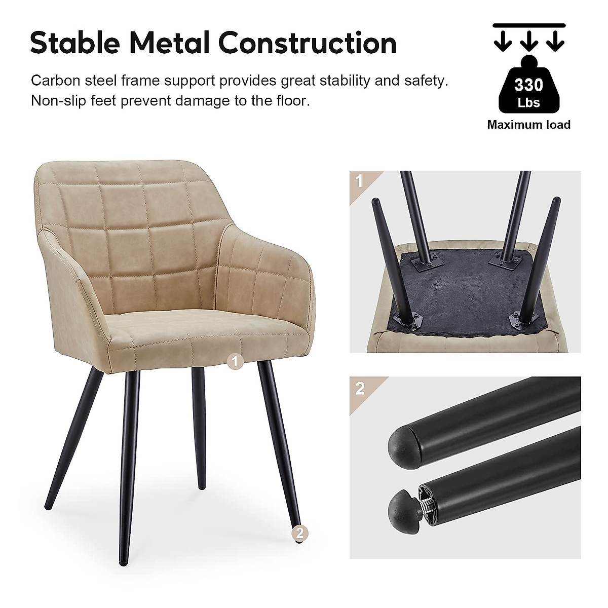 CLIPOP Faux Leather Accent Dining Chairs Set of 4, Upholstered Modern Kitchen Chairs with Arms, Metal Legs, Backrest, Leisure Armchairs for Living Room Office Cafe Restaurant Home Funiture, Beige