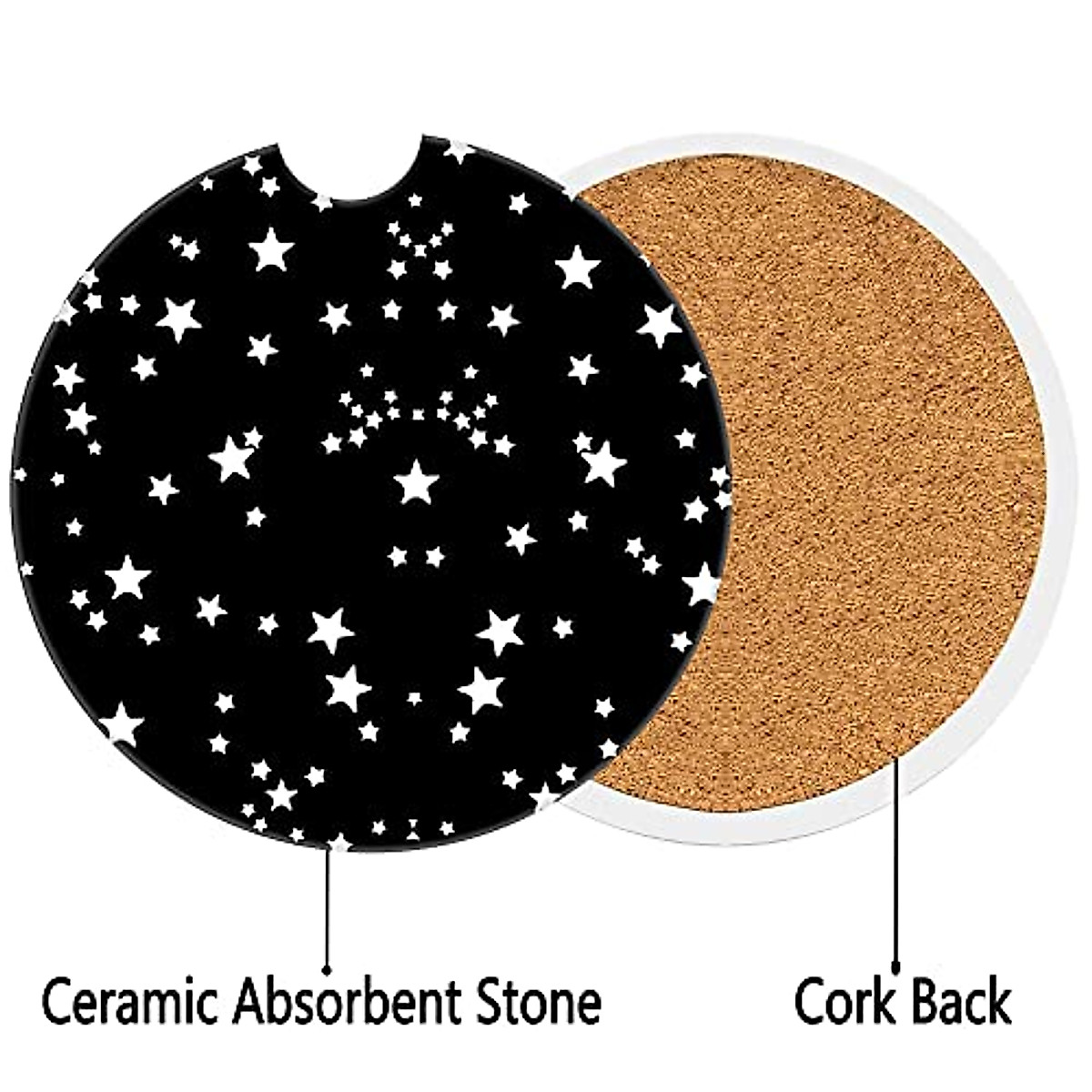 2 Packs Car Coasters Ceramic Cute Car Drinks Coasters for Cup Holders with Cork Back, Fingertip Grip, Drink Car Cup Holder Coasters for Women Men Car Protection 2.56" (Black Stars)