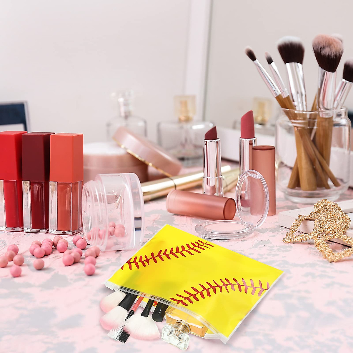 Gersoniel 50 Pieces Makeup Bag Bulk Waterproof Cosmetic Bags Eva Pencil Case Pouch Travel Toiletry Bag with Zippers for Women Players Teams(Yellow,Softball)