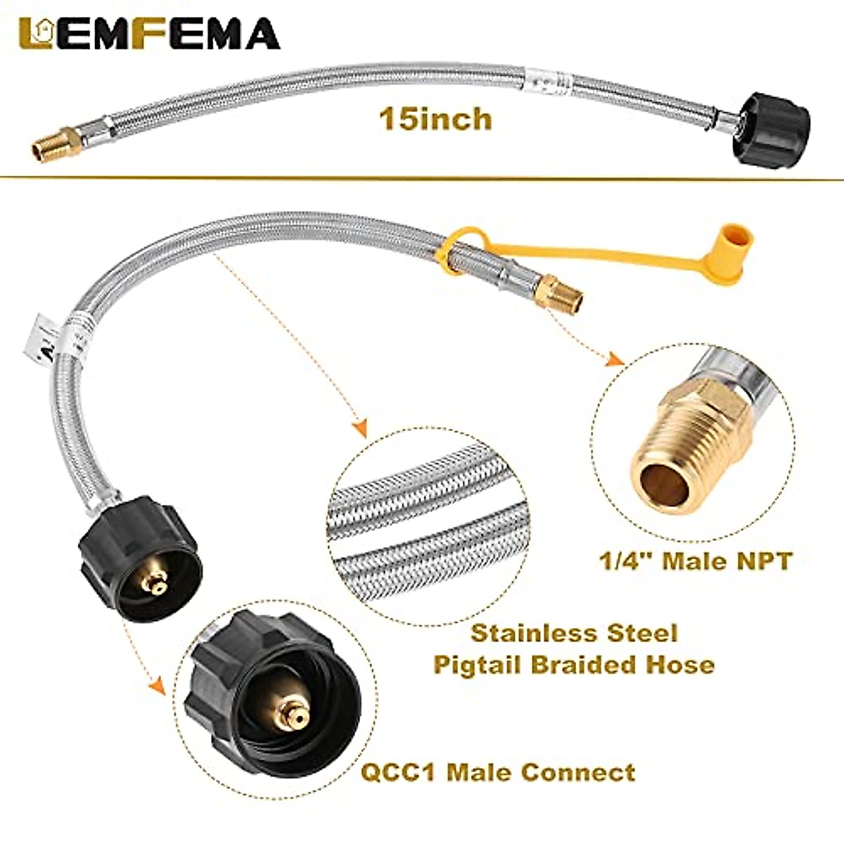 Lemfema 15 inch RV Propane Hose, 1/4" Male NPT Stainless Steel Braided Propane Hose with QCC1 for Standard 2-Stage Regulator, Include Thread Seal Tape, 2 Pack