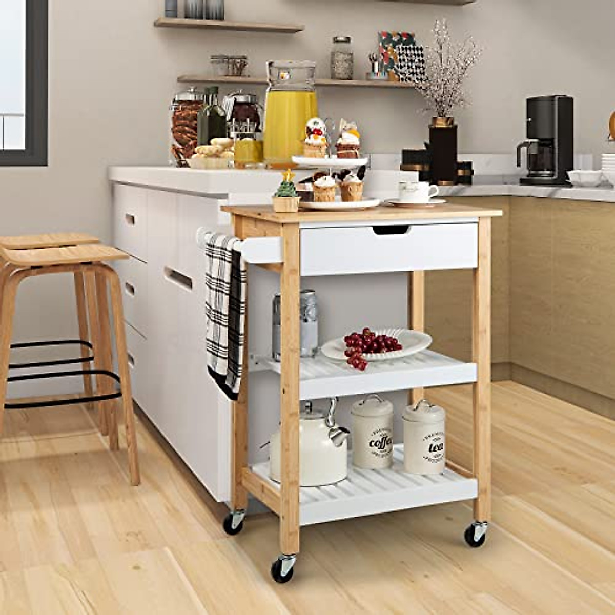 Giantex Kitchen Island Cart with Storage, Rolling Bamboo Kitchen Cart on Wheels, w/Pull-Out Drawer, Towel Handle, 2 Open Shelves, Mobile Coffee Bar Cart for Dining Room Living Room (Wood & White)