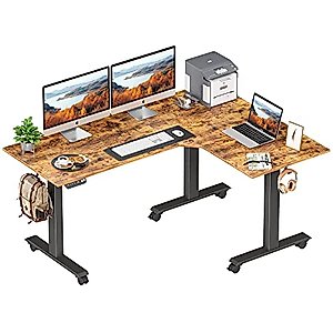 FEZIBO Triple Motor L-Shaped Electric Standing Desk, 63 Inches Height Adjustable Stand up Corner Desk, Sit Stand Workstation with Splice Board, Black Frame/Rustic Brown Top