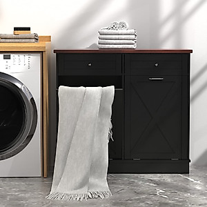 TOLEAD Double Tilt Out Trash Cabinet Free Standing 10 Gallon Recycling Trash Can Cabinet with Barn Door for Farmhouse Kitchen,Living Room, Dining Room, Black