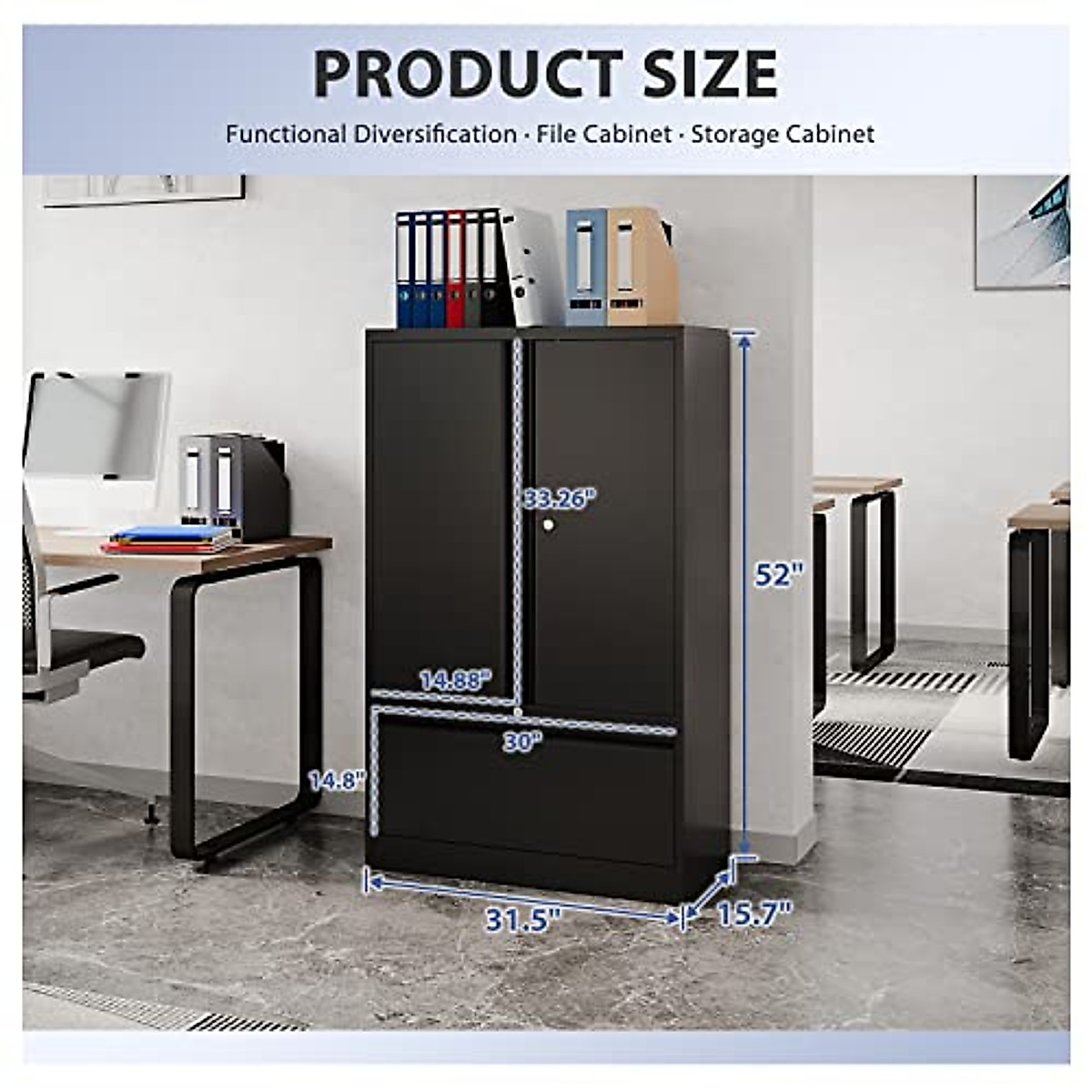 Anxxsu Lateral File Cabinet with Lock, Metal Storage Cabinet with Drawers, 52" Filing Cabinets for Home Office, Lockable Steel File Cabinet for Letter/Legal/A4 Size, Assembly Required, Black