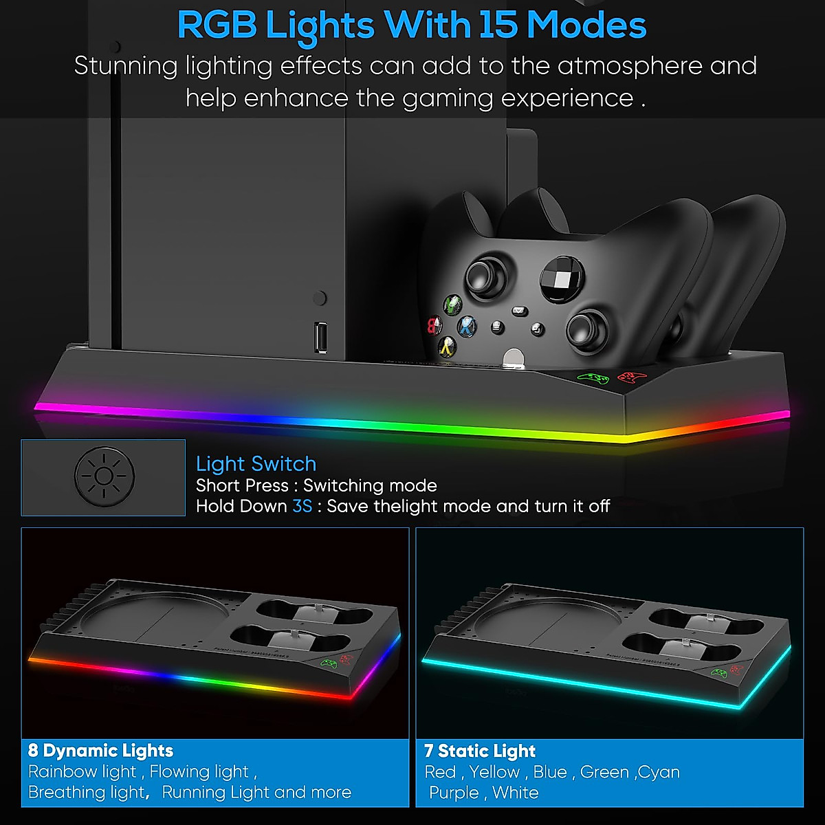 Upgrade Stand for Xbox Series X with Back Cooling Fan& RGB Lights, Charging Station with Controller Charger Dock &Game Storage Rack Organizer& Headset Stand with 2X1400 mAh Rechargeable Battery Pack
