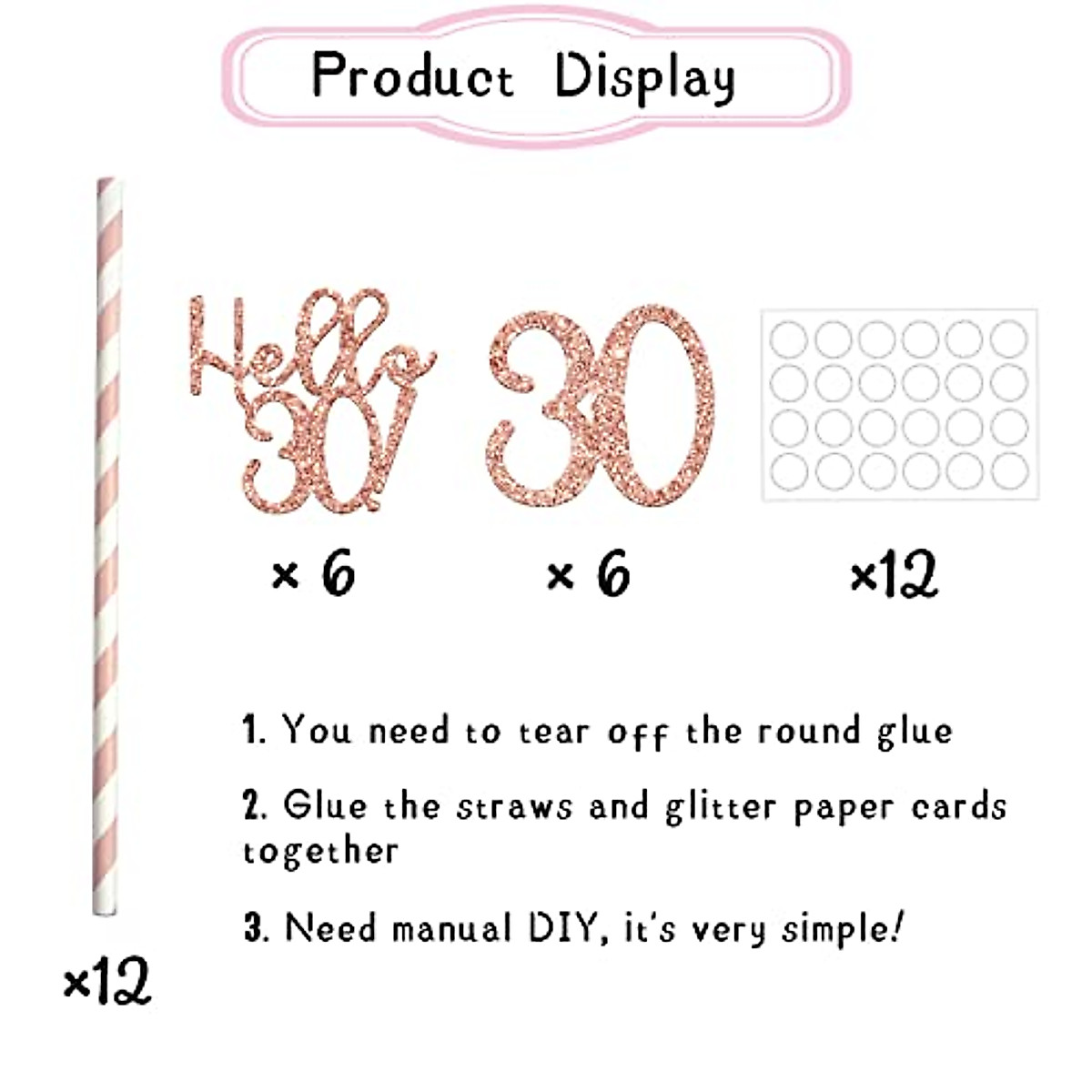 30th Birthday Paper Straw Decor, Happy 30th Birthday Decorations, Hello 30, 30th Anniversary/Birthday Party Drinking Decorative Straws, Cheer 30 Years Old Party Supplies 12 Pieces Rose Gold