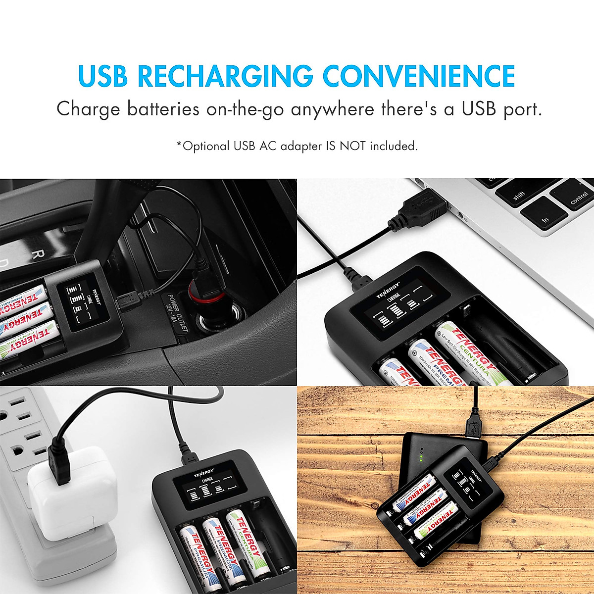 Tenergy TN474U 4-Bay NiMH/NiCD Battery Charger with LCD Display and USB Input, Portable Charger for AA/AAA NiMH and NiCD Batteries