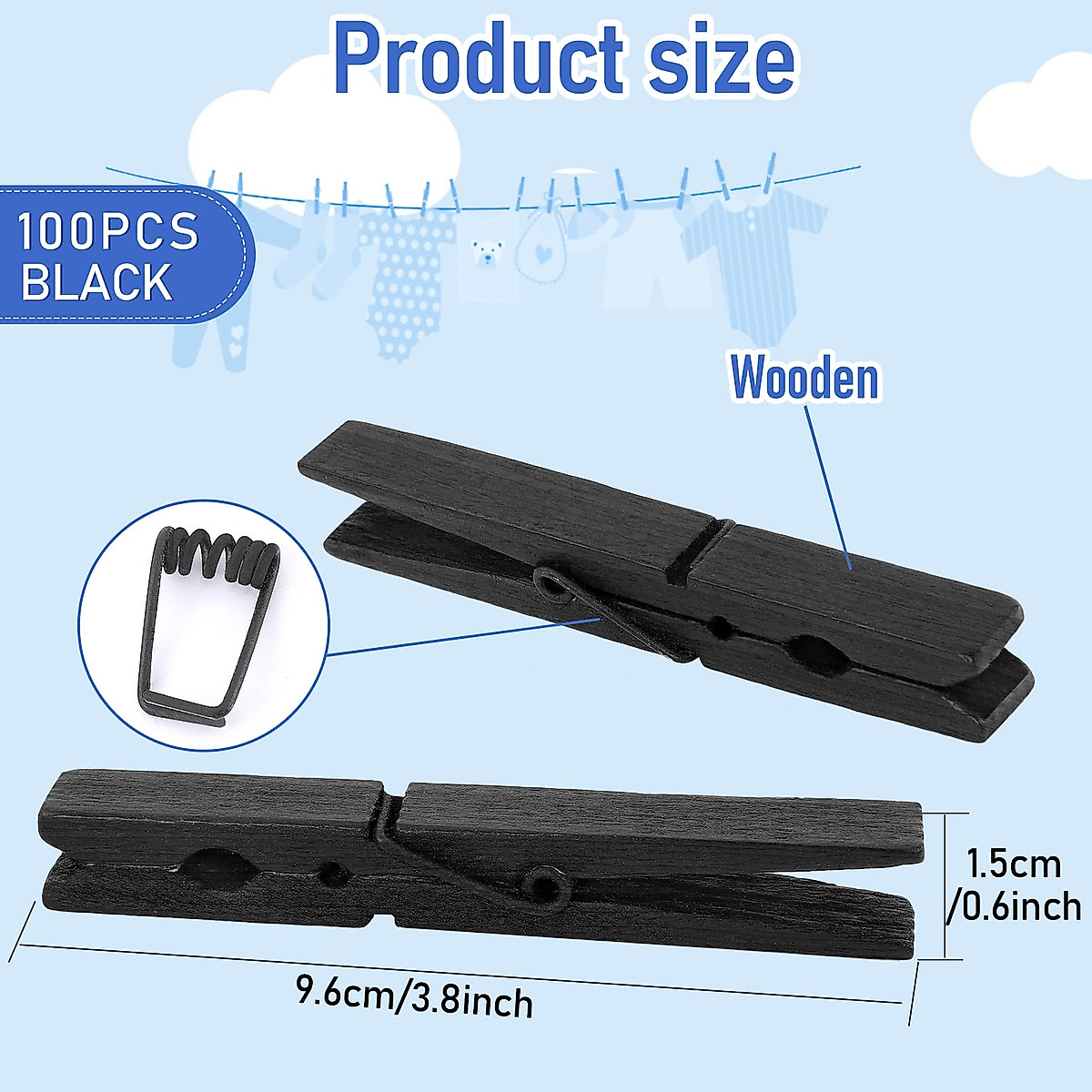 Cptoion 100PCS Clothes Pins Wooden,4" Large Wooden Black Clothespins,Black Wooden Clothespins,Wooden Clips for Crafts Hanging Clothes Pictures (Black)