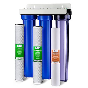 iSpring Whole House Water Filter System, Reduces Chlorine, Sediment, Taste, Odor, 3-Stage Whole House Water Filtration System w/ 20"x2.5" Water Filters and Clear 1st-Stage Housing, Model: WCB32C