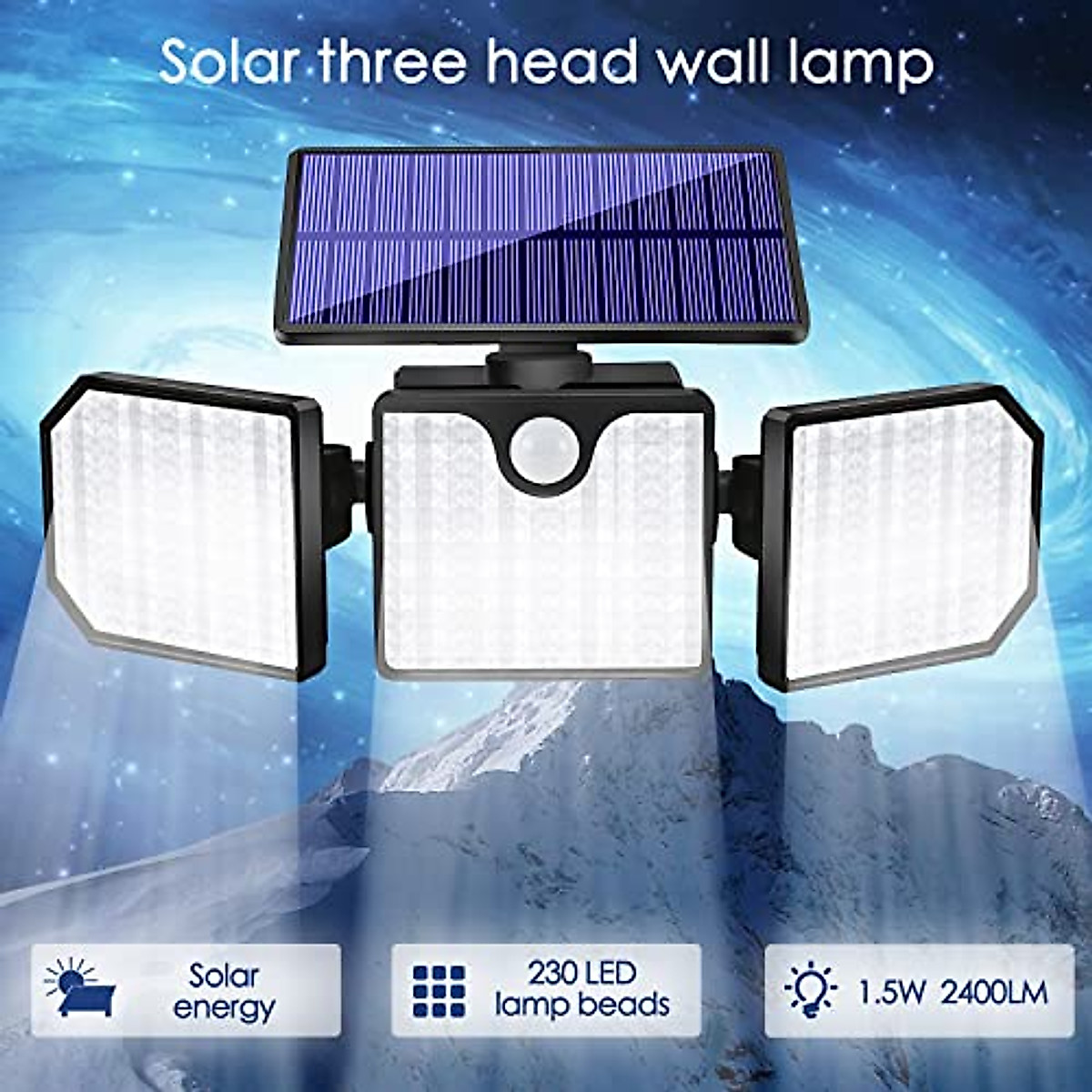 UCGG Solar Wall Lights Outdoor, Motion Sensor 230 LED 2400Lm Flood Lights 3 Adjustable Head 270° Wide Angle Lighting, IP65 Waterproof for Porch Yard Garage Pathway -2Pack, Black