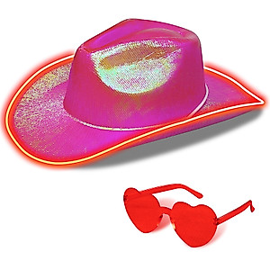 quescu Light Up Cowboy Hat for Women, Men,LED Cowgirl Hat,Sparkly Space Cowboy Hats for Party,Halloween Costume Dress Up (B-Pink)
