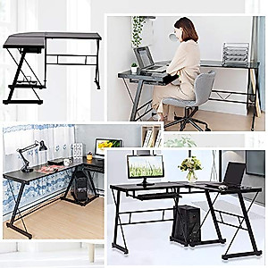 L Shaped Computer Desk Office Corner Desk,Modern Gaming Desk Home Office Desk Tempered Glass Workstation Desk，with Keyboard Tray and CPU Stand 3-Piece PC Laptop Study Writing Workstation Table- Black