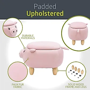 Pearington Pink Pig Ottoman with Storage, Furniture for Living Room, Gameroom, Playroom, Bedroom Décor,Soft Animal-Shaped