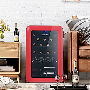 24 Bottle Wine Cooler - Quiet Counter Top Wine Chiller Beverage Refrigerator, Freestanding Wine Refrigerator with Digital Display (Red)