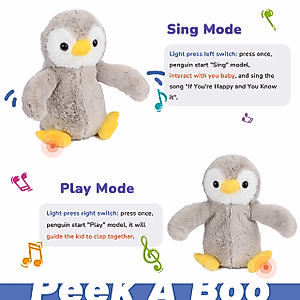 Hopearl Clappy Penguin Interactive Musical Stuffed Animal Singing Plush Toy Adorable Electric Animate Birthday Festival for Kids, Gray, 10''