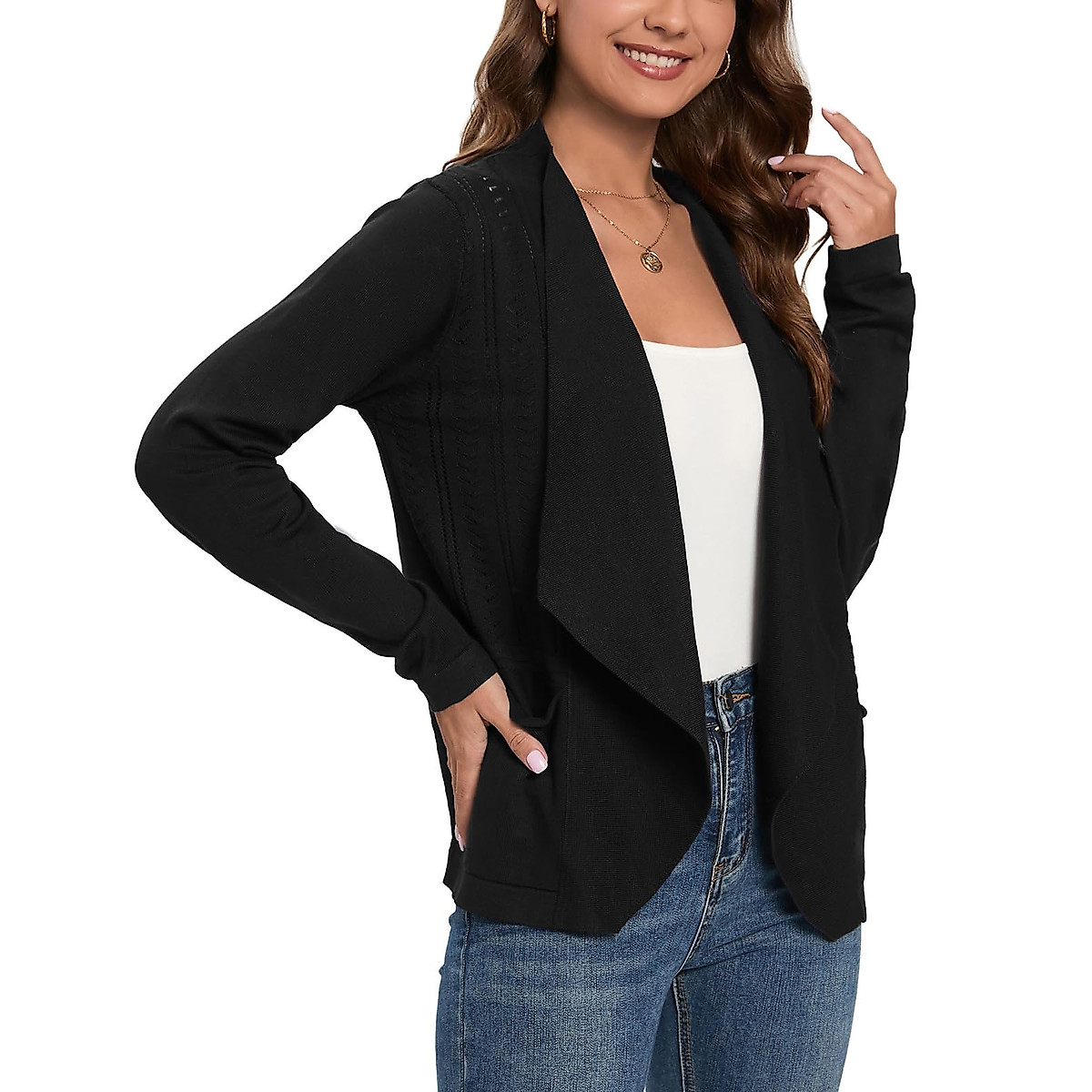 Women Knit Blazer Open Front Blazer Sweater Lapel Cardigan Long Sleeve Blazer Jackets with Pockets Black S