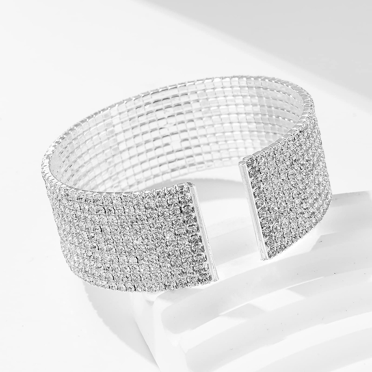 Ecesha Sparkly Silver Simple 10 Rows Rhinestone Crystal Cluster Wide Arm Cuff Bracelet Wedding Jewelry for Women Bridal Gift for Formal Prom Party