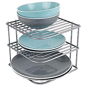 Home Basics Heavy Weight Vinyl Coated 3 Tier Steel Smart Kitchen Cabinet Corner Storage Shelves and Raised Counter Shelf Racks Organizer, Silver