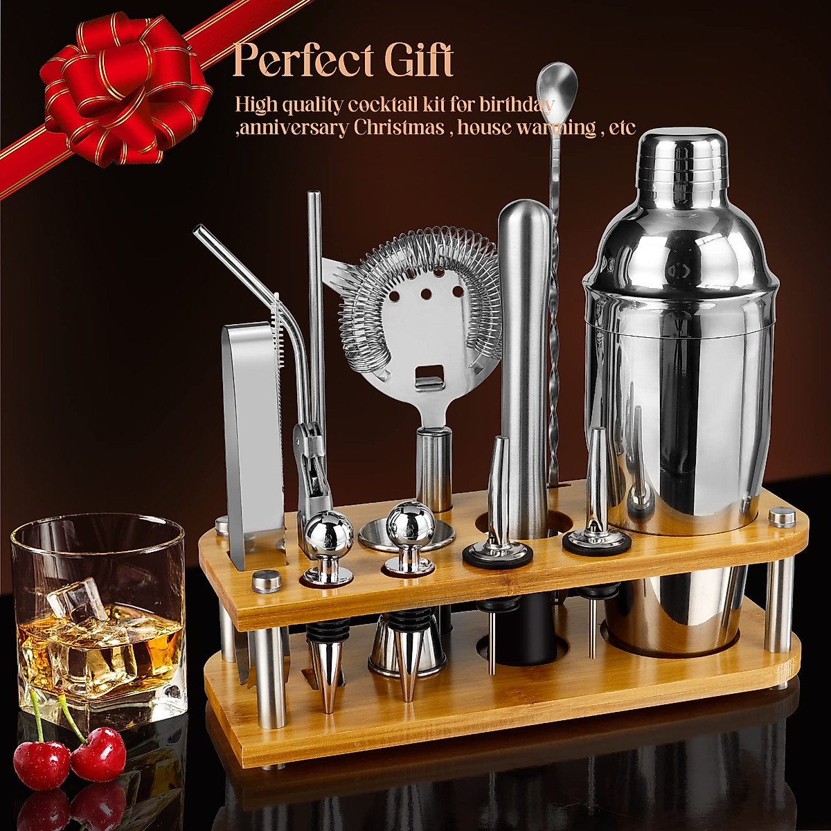 Mixology Bartender kit,16-Piece Silver Bartender Kit with Stand, 25oz Bar Set Cocktail Shaker Set, Professional Stainless Steel Bartending Kit for Home, Bar, Party