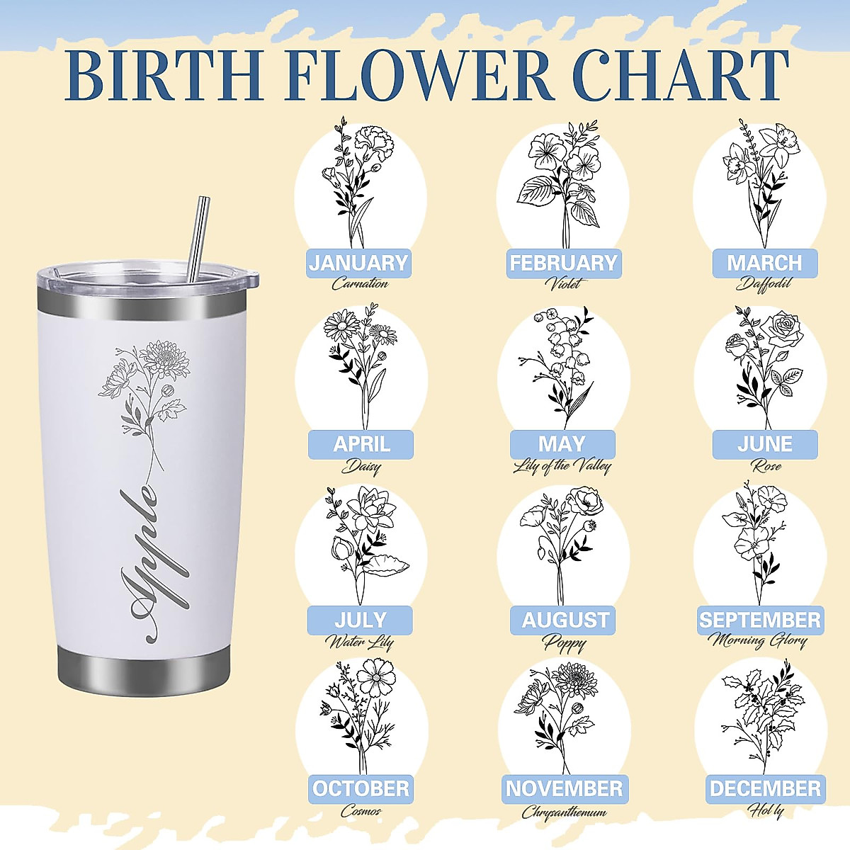 Personalized Tumblers Custom 20oz Insulated Coffee Cups Birth Flower Cup with Names Lids and Straws Customized Engraved Stainless Steel Mug Cups for Women