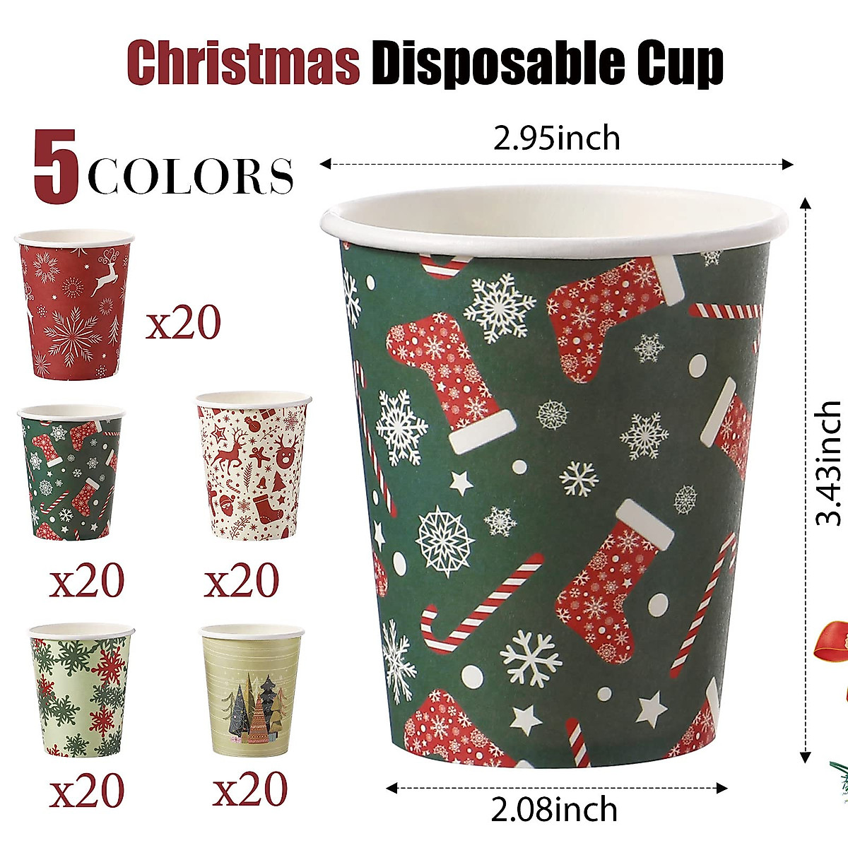 100 Pcs Christmas Paper Cups Disposable Cup 9 oz Christmas Coffee Cup Hot Chocolate Tea Drinking Paper Cups Christmas Party Supplies for Holiday Party Xmas Hot Cold Beverages