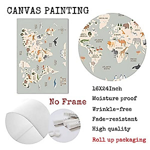 World Map Poster Animals Nursery Educational Wall Pictures Green World Map Wall Art Animal Nursery Pictures Animal Map Canvas Wall Art Nursery World Map Wall Art Watercolor Map Wall Art 16x24in No Frame