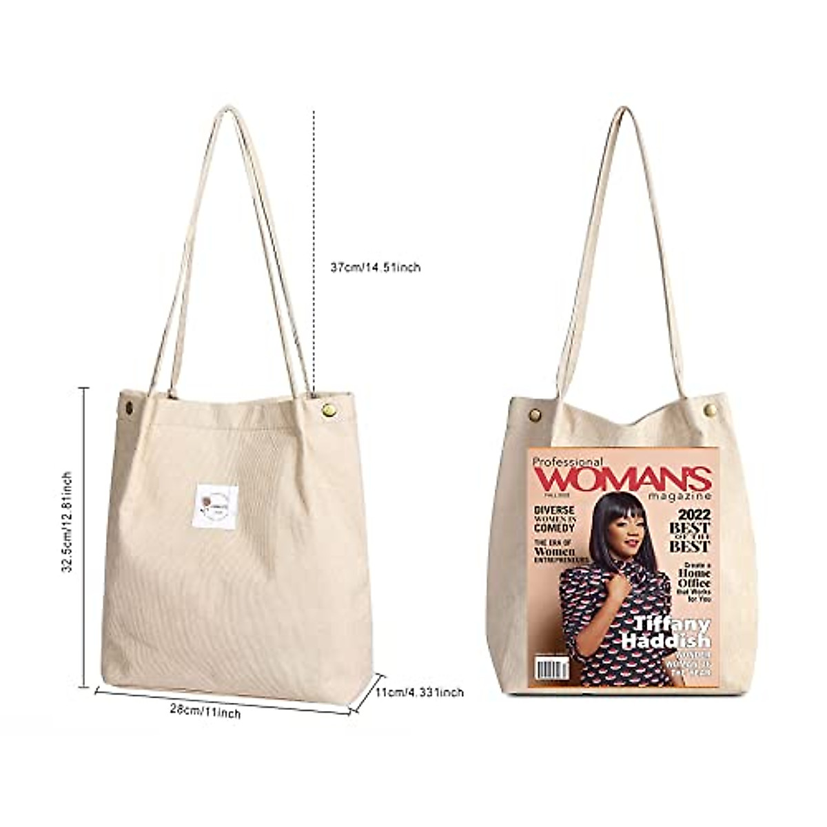 Thicken Corduroy Totes Bag Large Capacity Handbags Shoulder Bags Cord Tote Bag for Women Casual Bag for Work School Daily (Beige-CF)