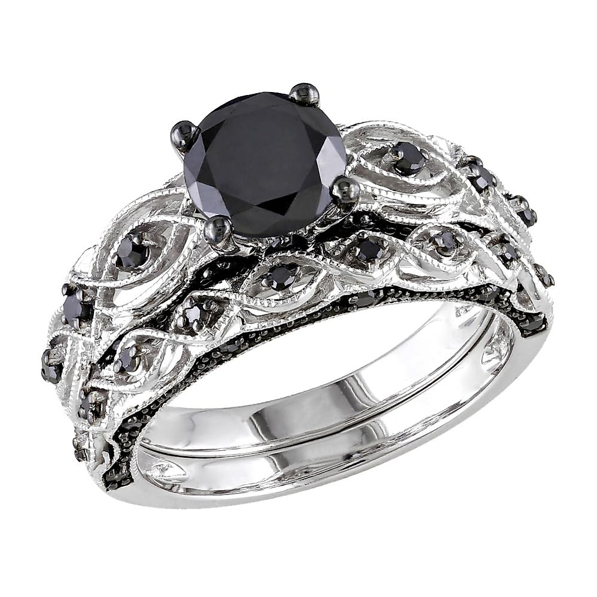1.39 Carat (ctw) Black Diamond Engagement Ring and Wedding Band Set in 10K White Gold